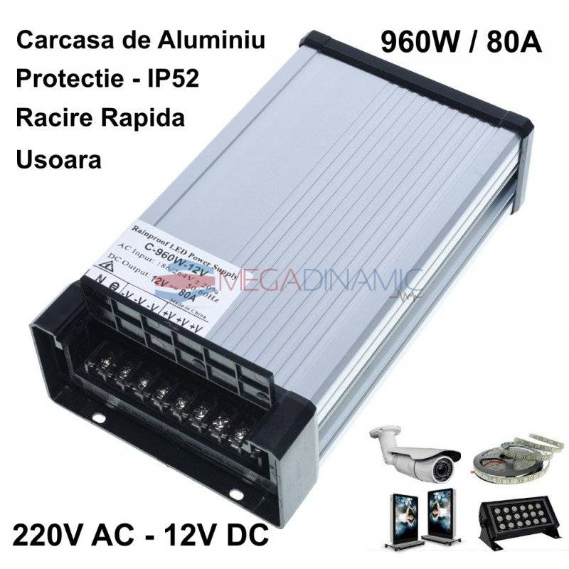 Sursa alimentare caracasa metalica pentru exterior 12V 80A 960W, IP52 ...